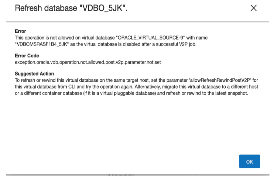 Refreshing or Rewinding an Oracle virtual database exported to a physical ASM database